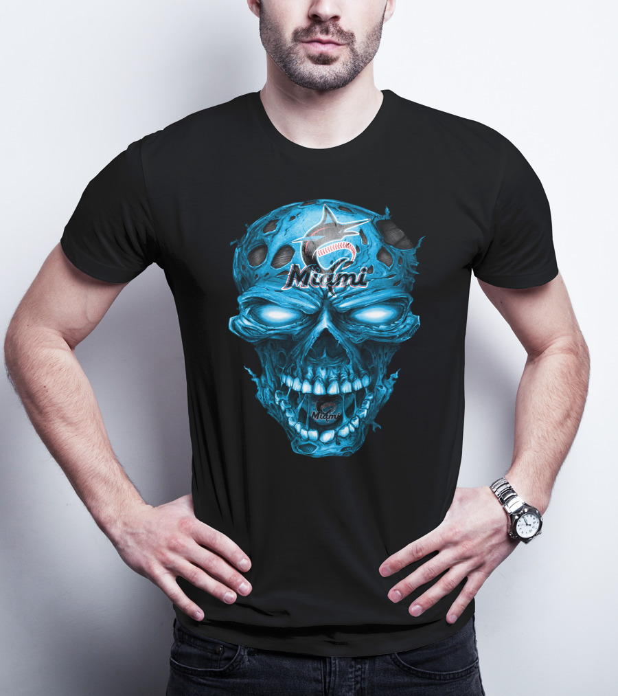 Miami Marlins Skull Blue Baseball T-Shirt