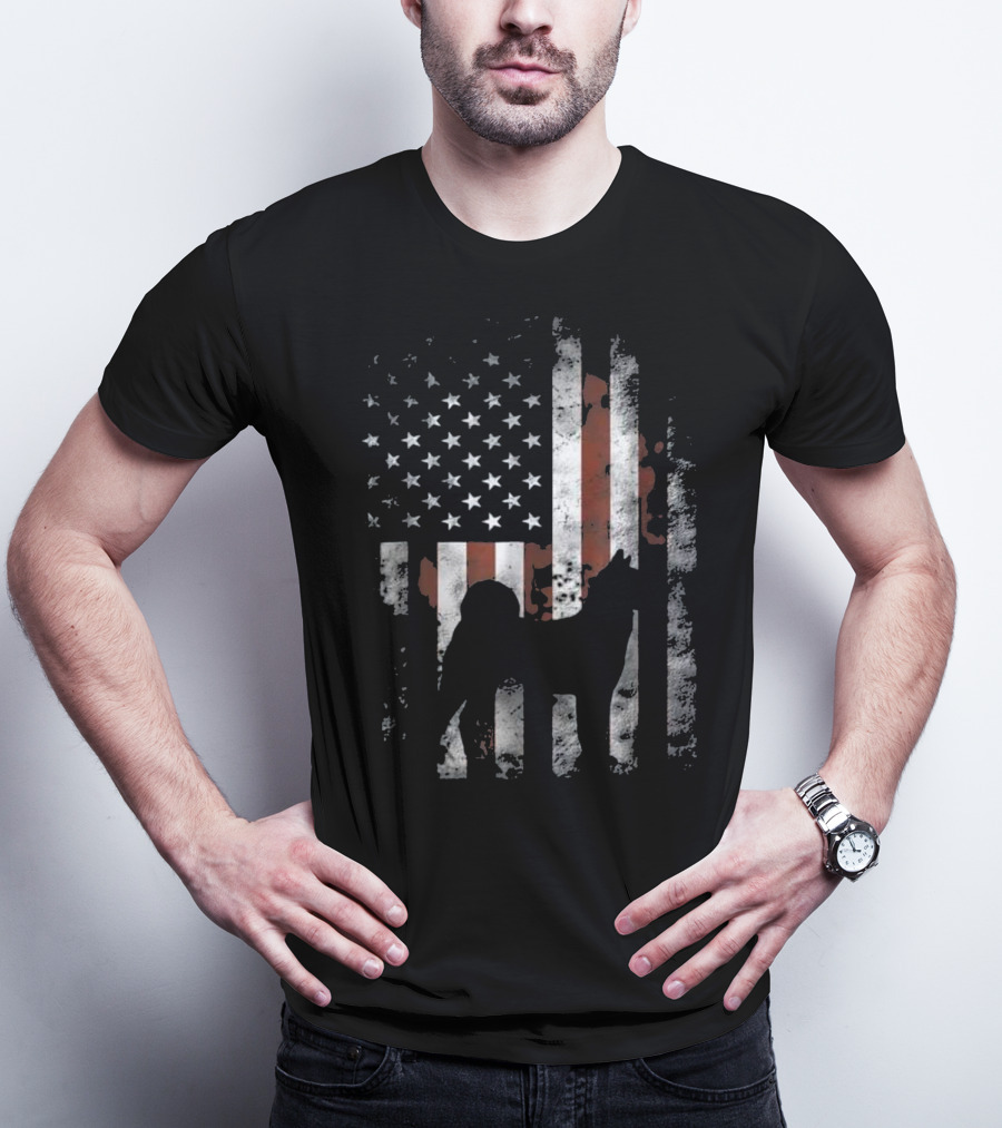 Akita Inu Silhouette Overlaid On American Flag Patriotic T-Shirt