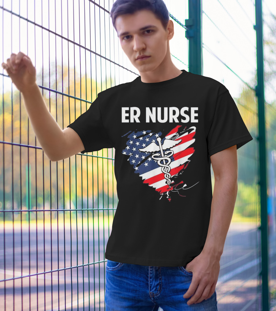 ER Nurse American Flag Caduceus Medical T-Shirt
