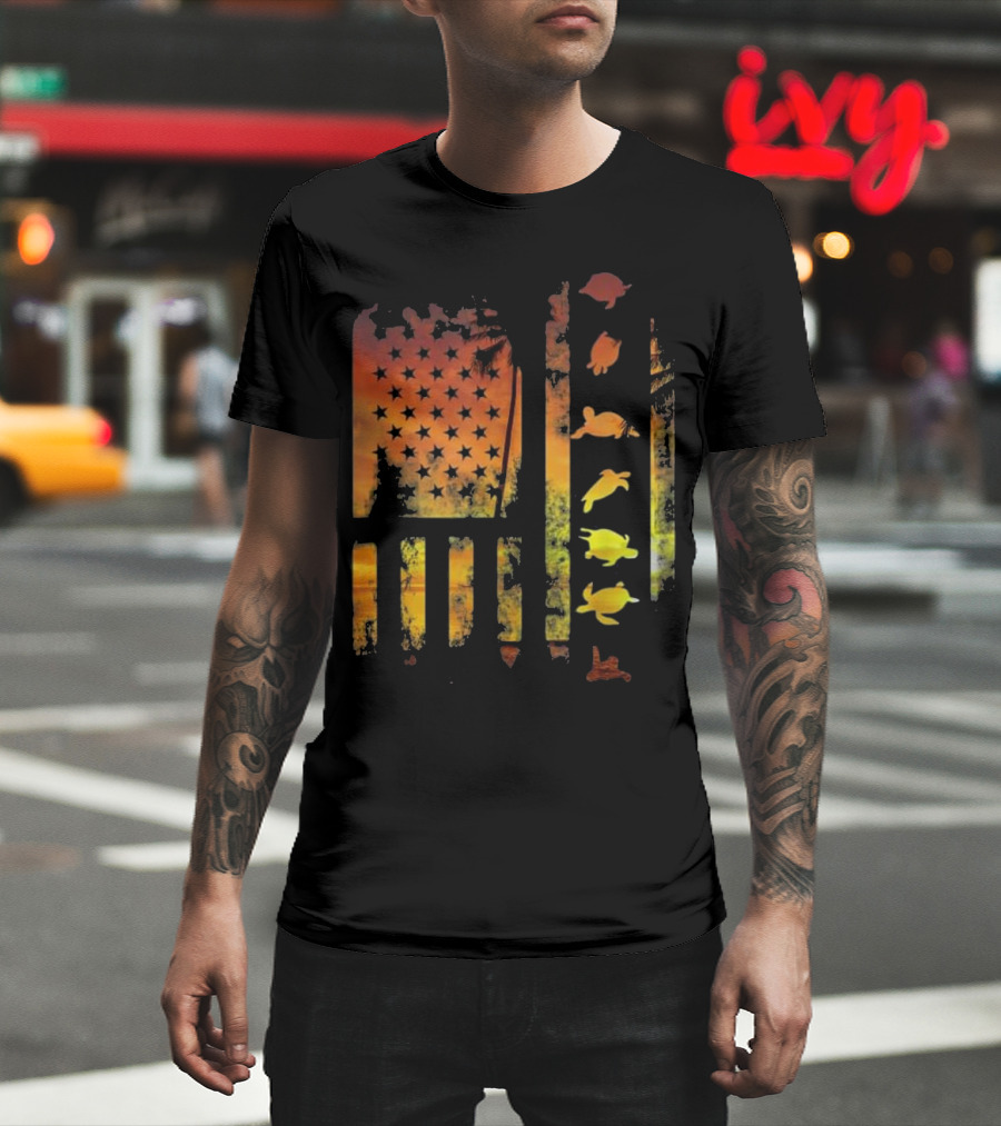 American Flag Sunset Sea Turtle T-Shirt