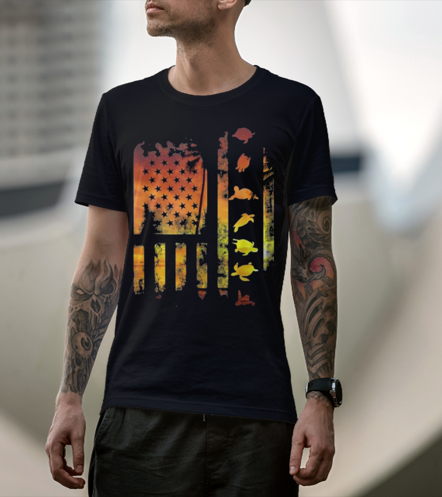 American Flag Sunset Sea Turtle T-Shirt