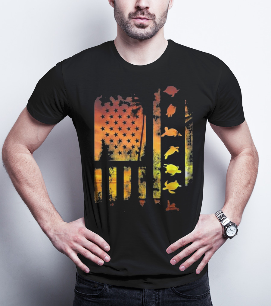 American Flag Sunset Sea Turtle T-Shirt