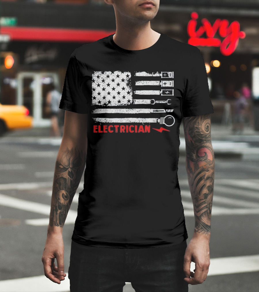 American Flag Electrician Wrench Bolt Battery Stars Stripe Icons T-Shirt