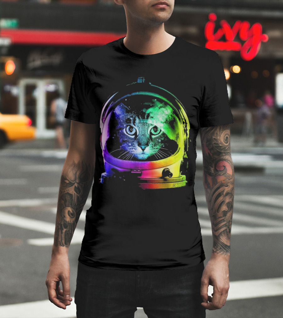 Space Cat In Astronaut Helmet With Cosmic Rainbow Colors T-Shirt