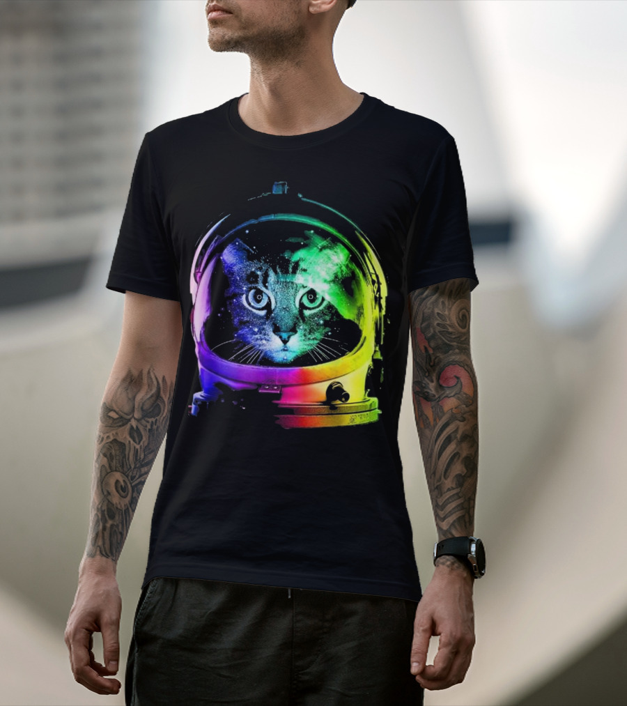 Space Cat In Astronaut Helmet With Cosmic Rainbow Colors T-Shirt