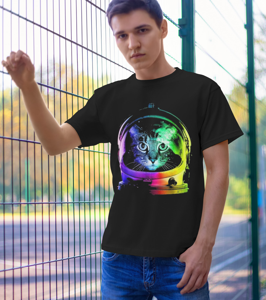 Space Cat In Astronaut Helmet With Cosmic Rainbow Colors T-Shirt