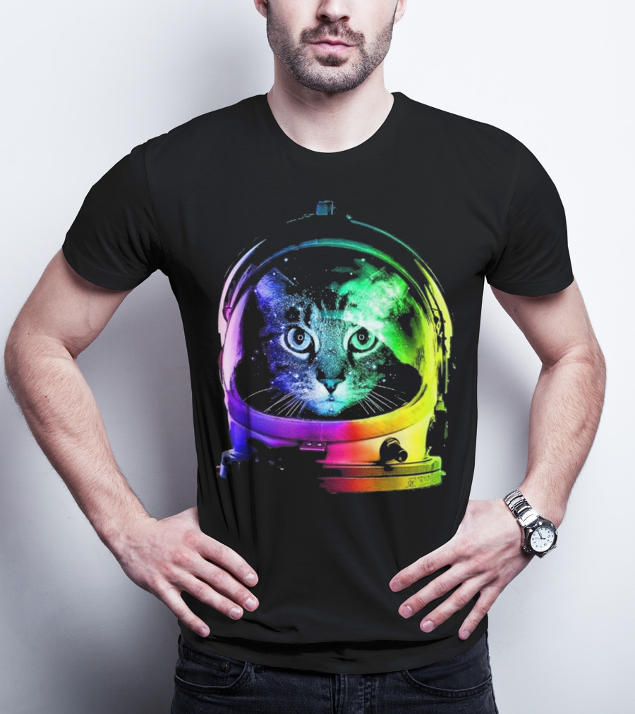 Space Cat In Astronaut Helmet With Cosmic Rainbow Colors T-Shirt