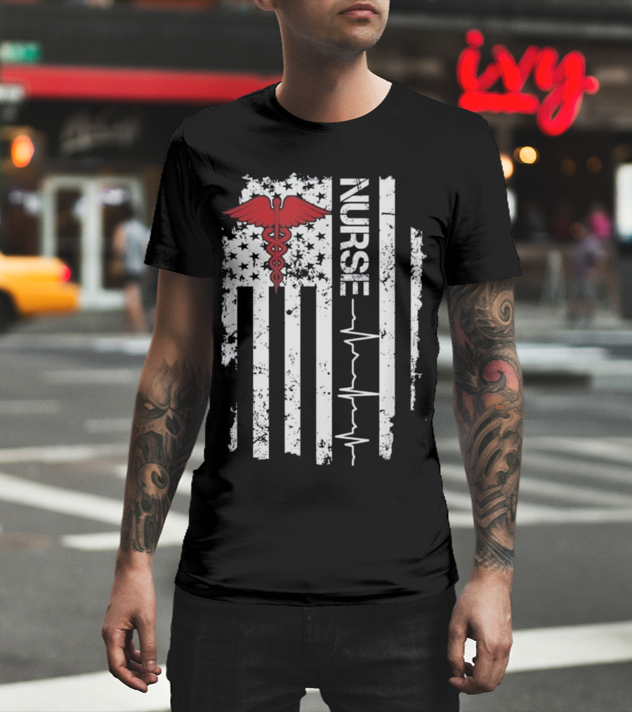 Nurse Caduceus Heartbeat American Flag Stars Stripes T-Shirt