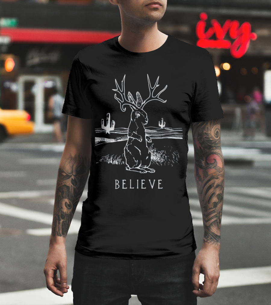 Believe Jackalope Cryptid Antlered Rabbit Desert Scene T-Shirt