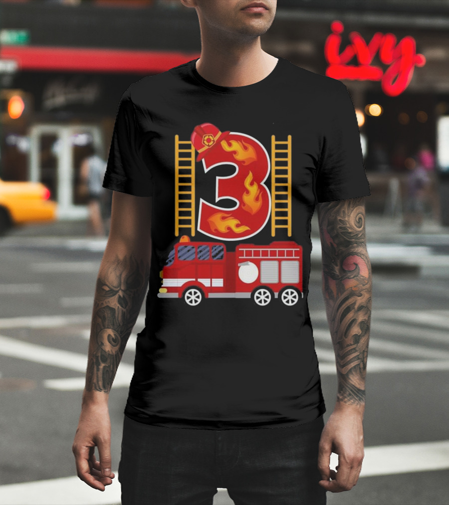 Birthday Firefighter Number 3 Fire Truck Flames Hat Ladder T-Shirt
