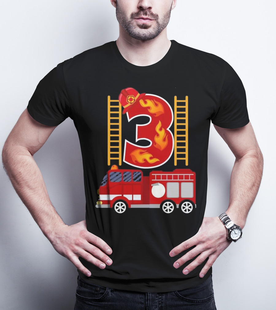 Birthday Firefighter Number 3 Fire Truck Flames Hat Ladder T-Shirt