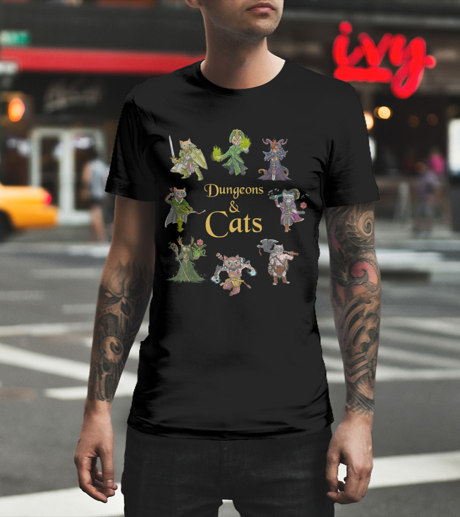 Dungeons And Cats Warrior Mage Archer Knight Characters T-Shirt
