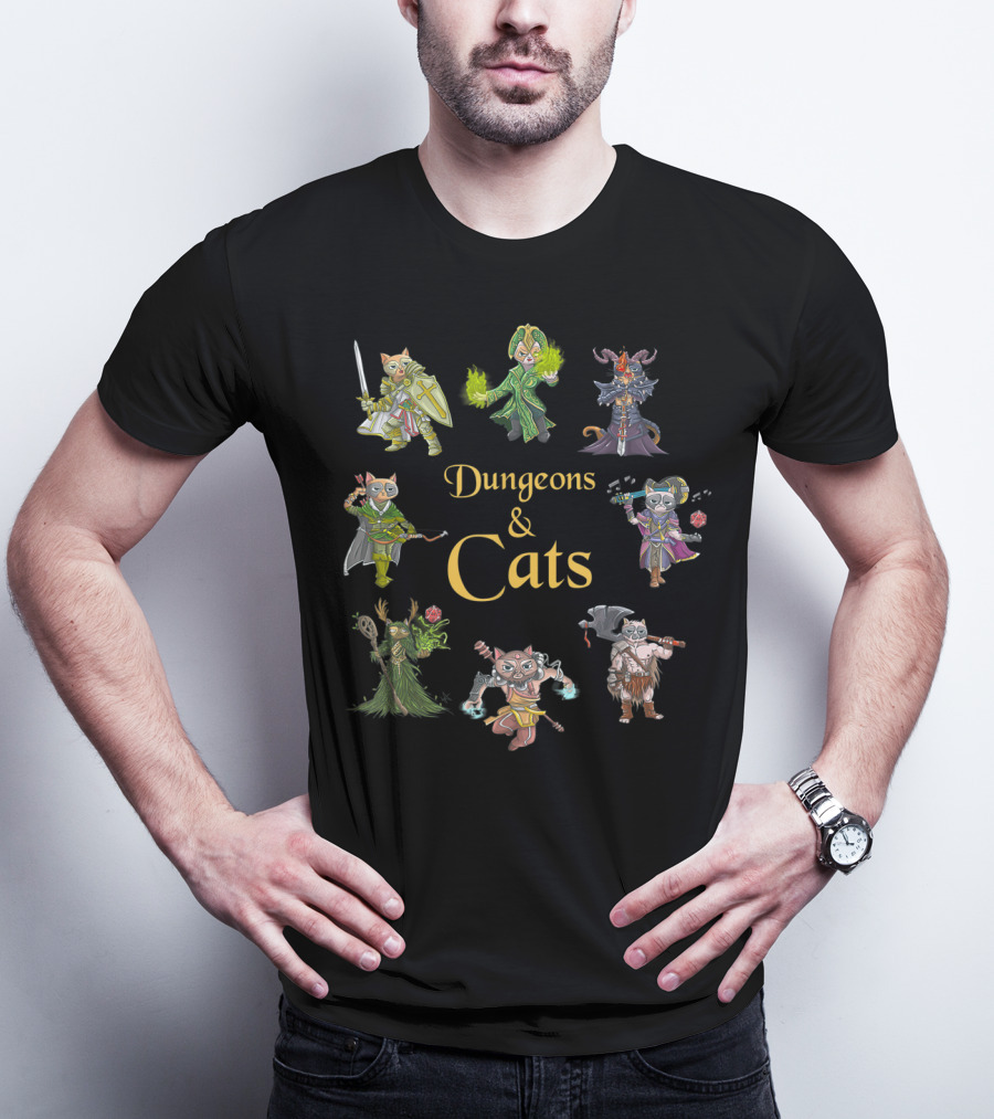 Dungeons And Cats Warrior Mage Archer Knight Characters T-Shirt