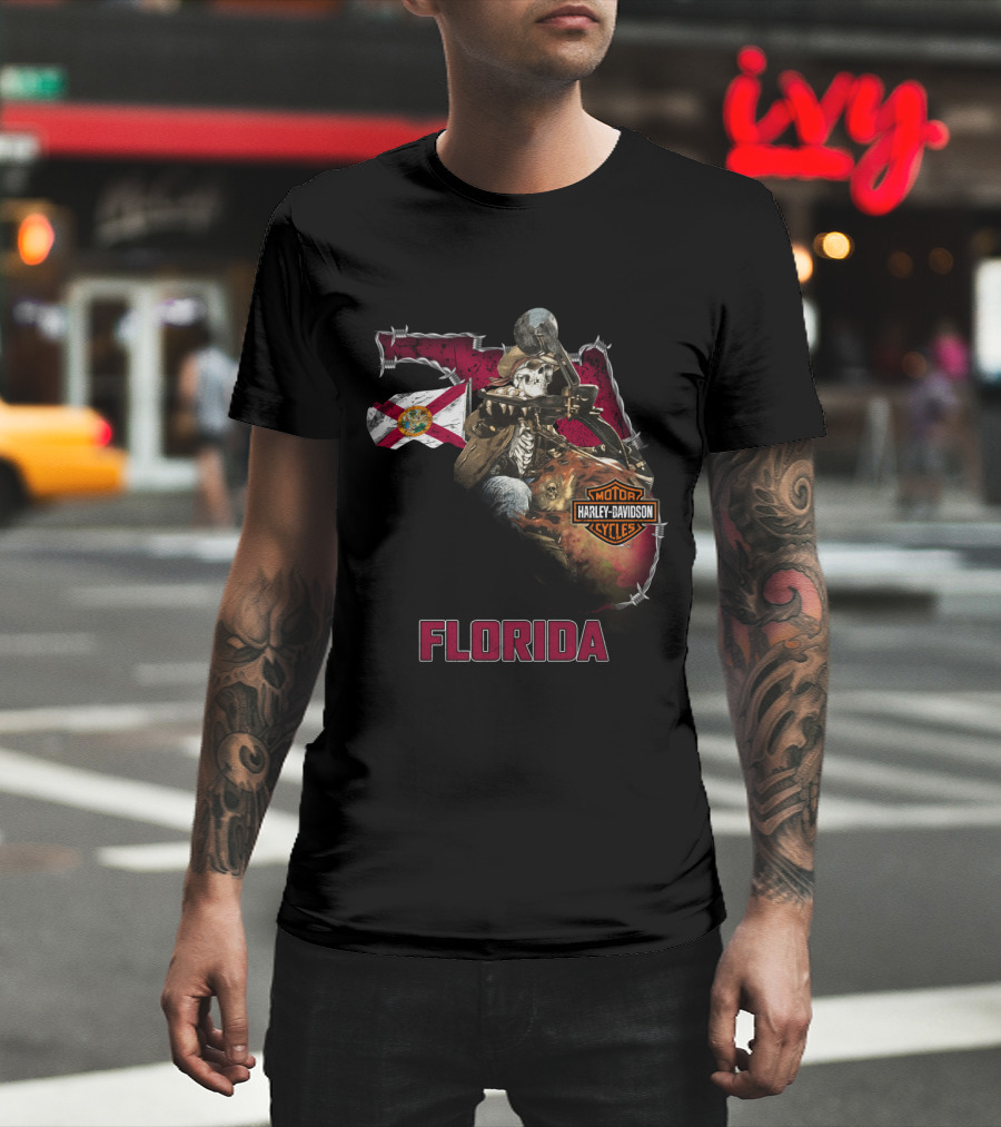 Florida Harley Davidson Skeleton Biker With State Flag T-Shirt