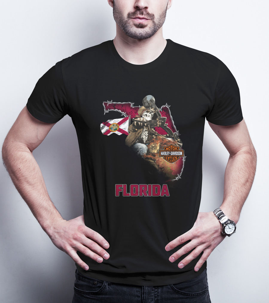 Florida Harley Davidson Skeleton Biker With State Flag T-Shirt