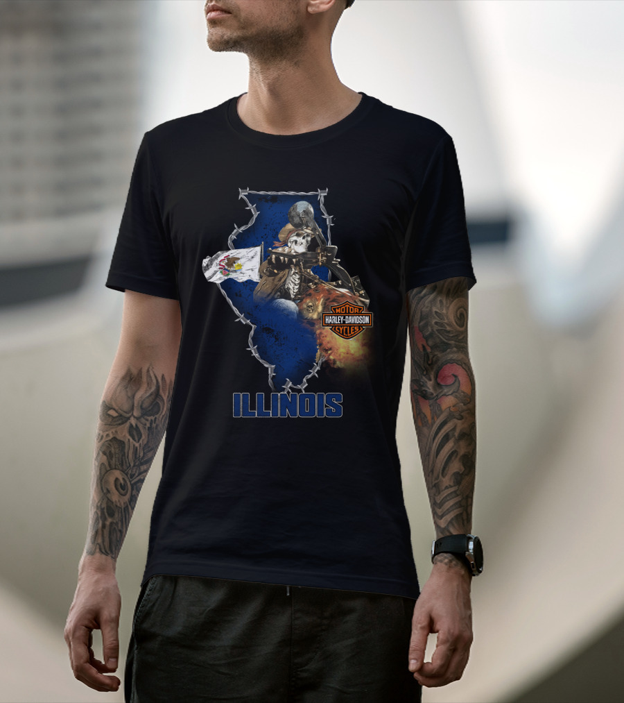 Illinois Harley Davidson Motorcycles Skeleton Rider Barbed Wire Flag T-Shirt