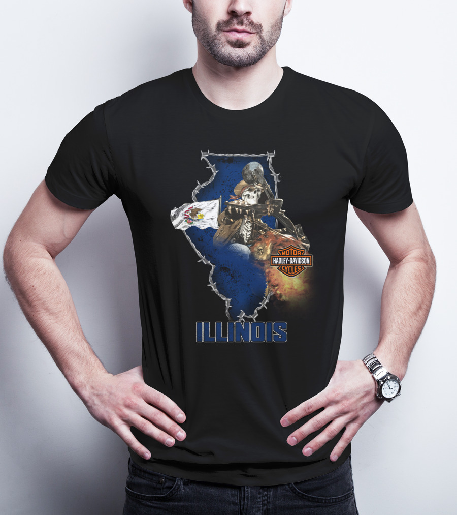 Illinois Harley Davidson Motorcycles Skeleton Rider Barbed Wire Flag T-Shirt