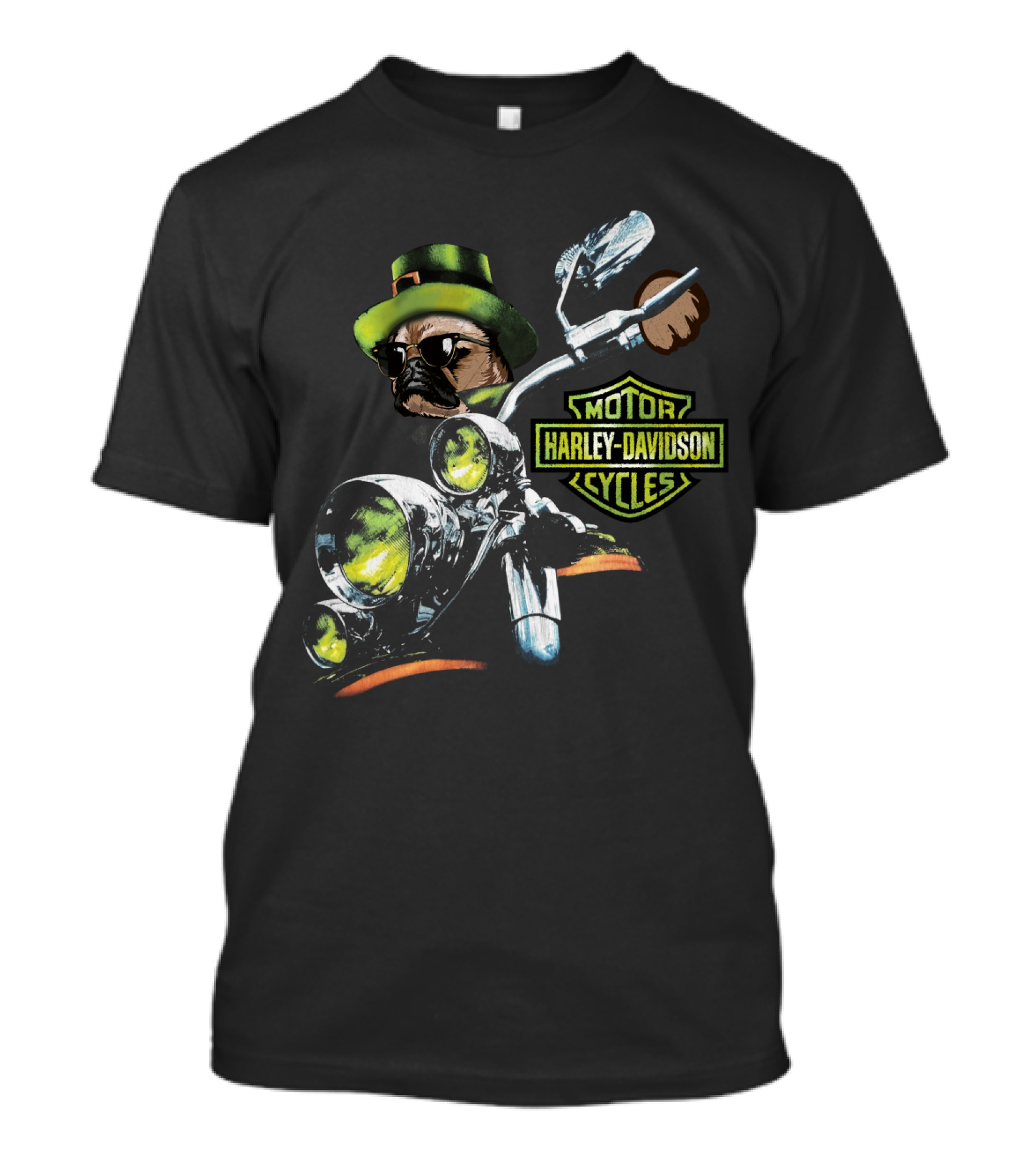 Harley Davidson Motor Cycles Pug In Green Hat Patrick Day T-Shirt