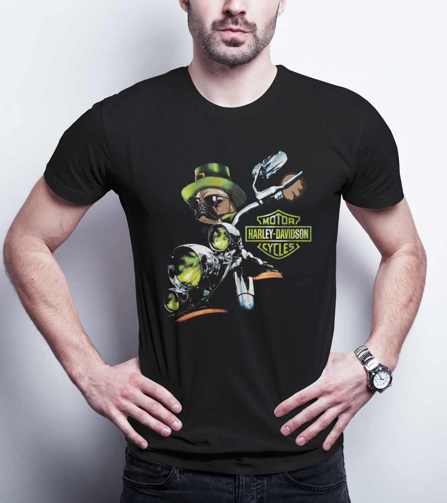 Harley Davidson Motor Cycles Pug In Green Hat Patrick Day T-Shirt