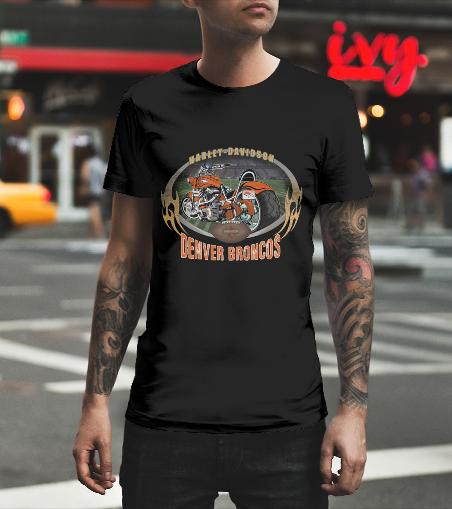 Denver Broncos Harley Davidson Motorcycle Football T-Shirt