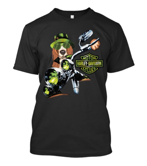Basset Hound Harley Davidson Motorcycles Green Hat And Glasses Biker T-Shirt