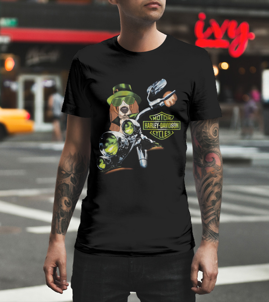 Basset Hound Harley Davidson Motorcycles Green Hat And Glasses Biker T-Shirt