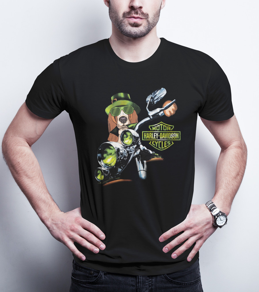 Basset Hound Harley Davidson Motorcycles Green Hat And Glasses Biker T-Shirt