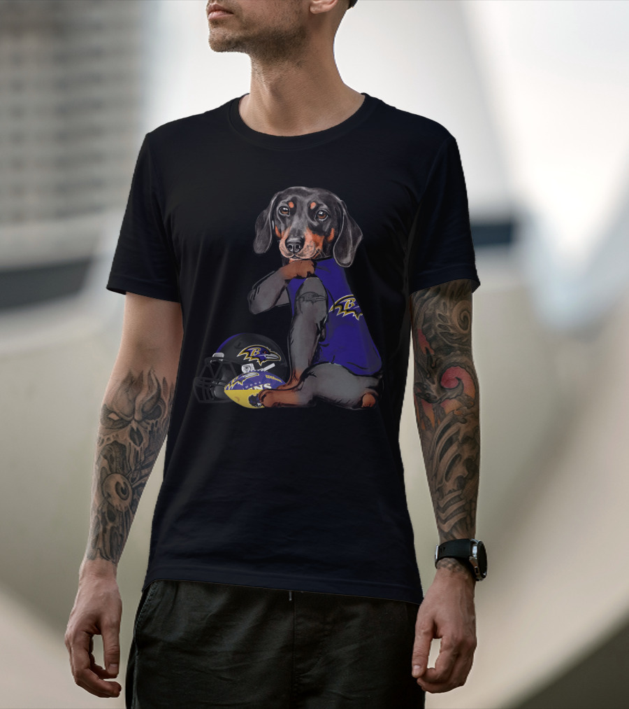 Baltimore Ravens Dachshund Wearing Team Jersey With Football Helmet T-Shirt
