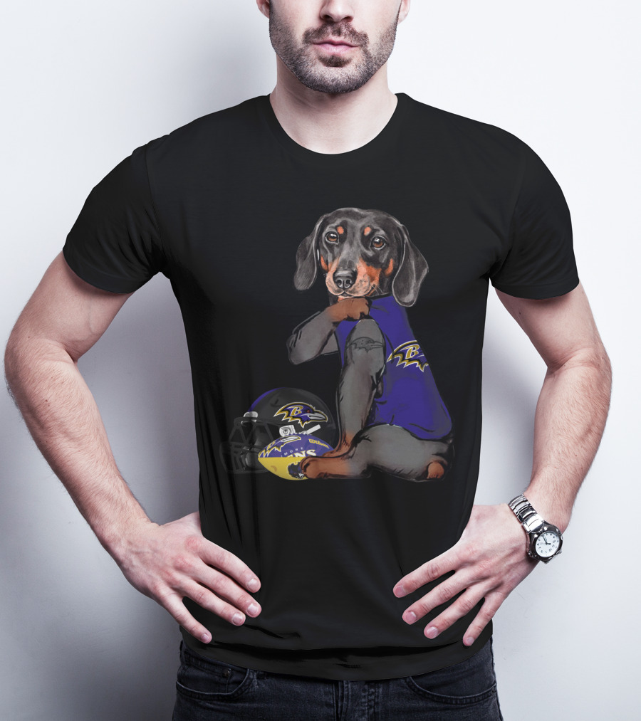 Baltimore Ravens Dachshund Wearing Team Jersey With Football Helmet T-Shirt