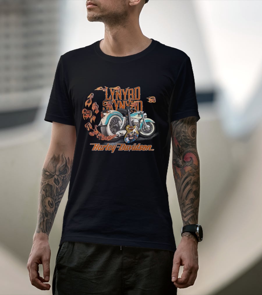 Lynyrd Skynyrd And Harley Davidson Motorcycle With Guitar And Flames T-Shirt