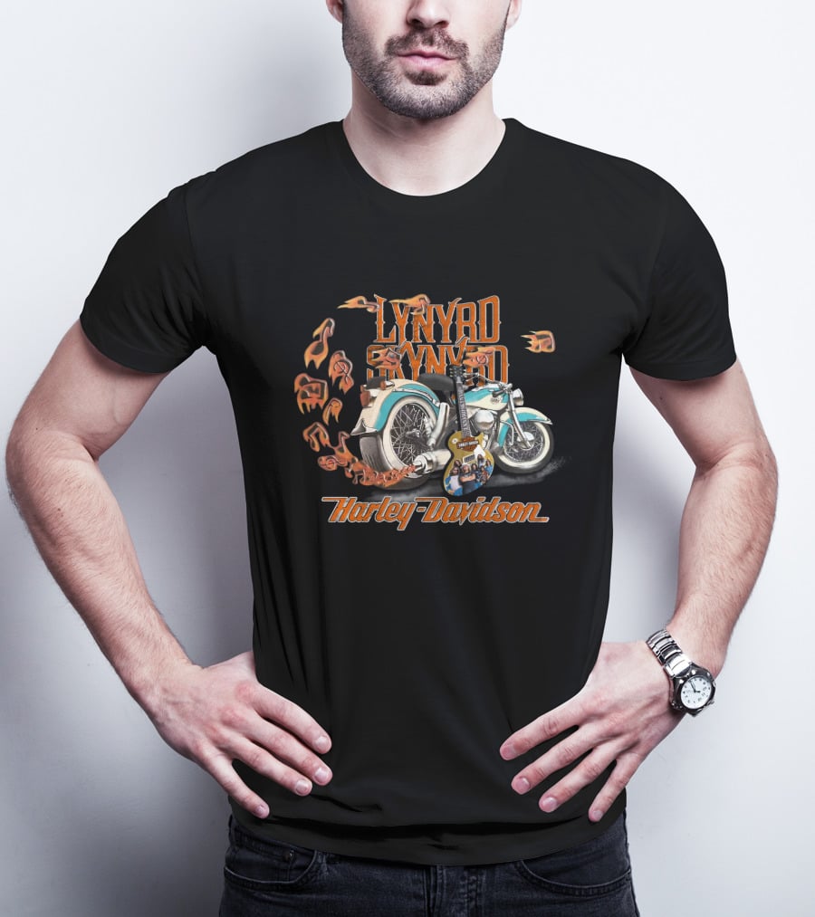 Lynyrd Skynyrd And Harley Davidson Motorcycle With Guitar And Flames T-Shirt