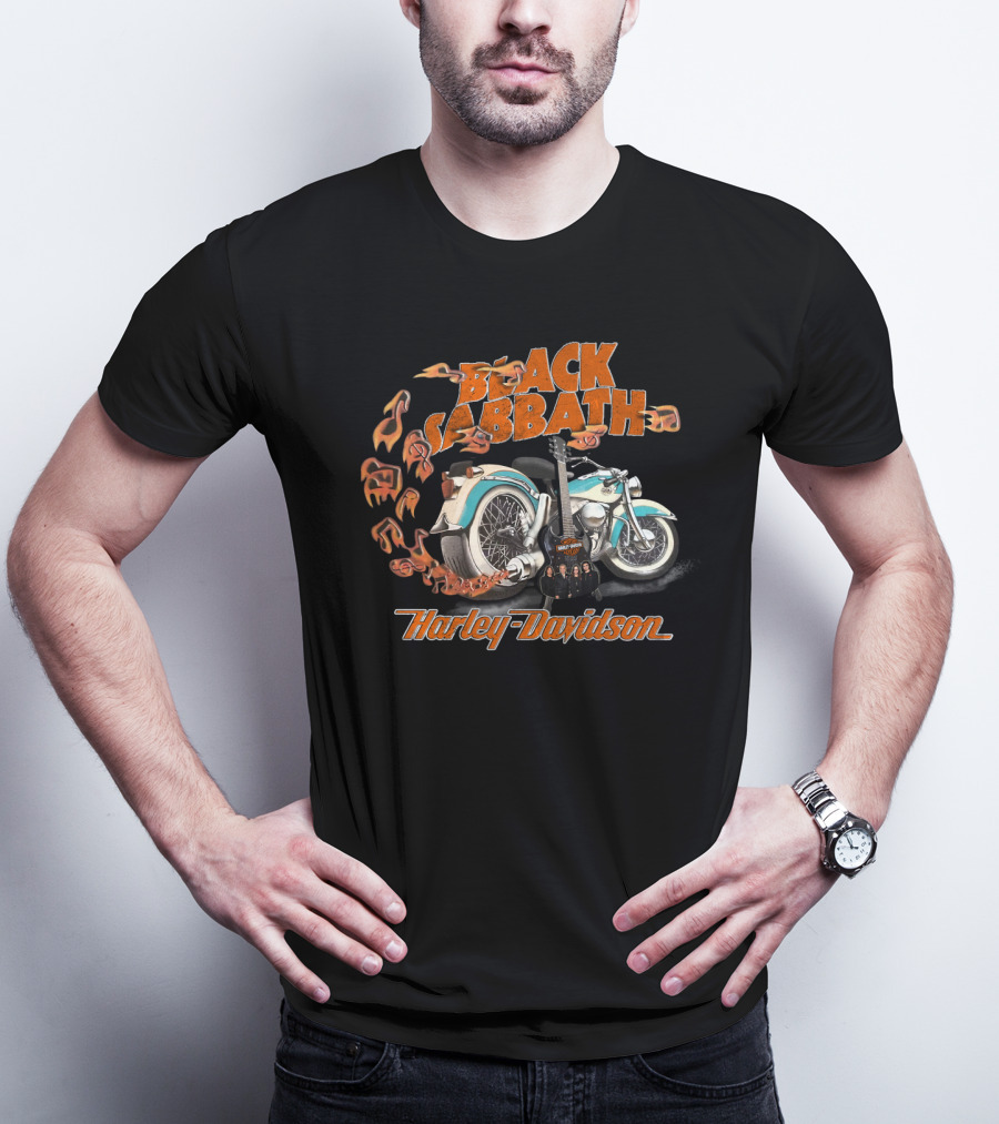 Black Sabbath Harley Davidson Motorcycle Flames Guitar T-Shirt