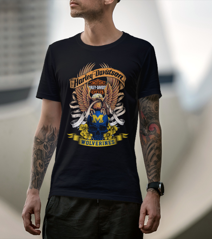 Harley Davidson Motor Cycles Wolverines 49Hd Eagle And Skull T-Shirt