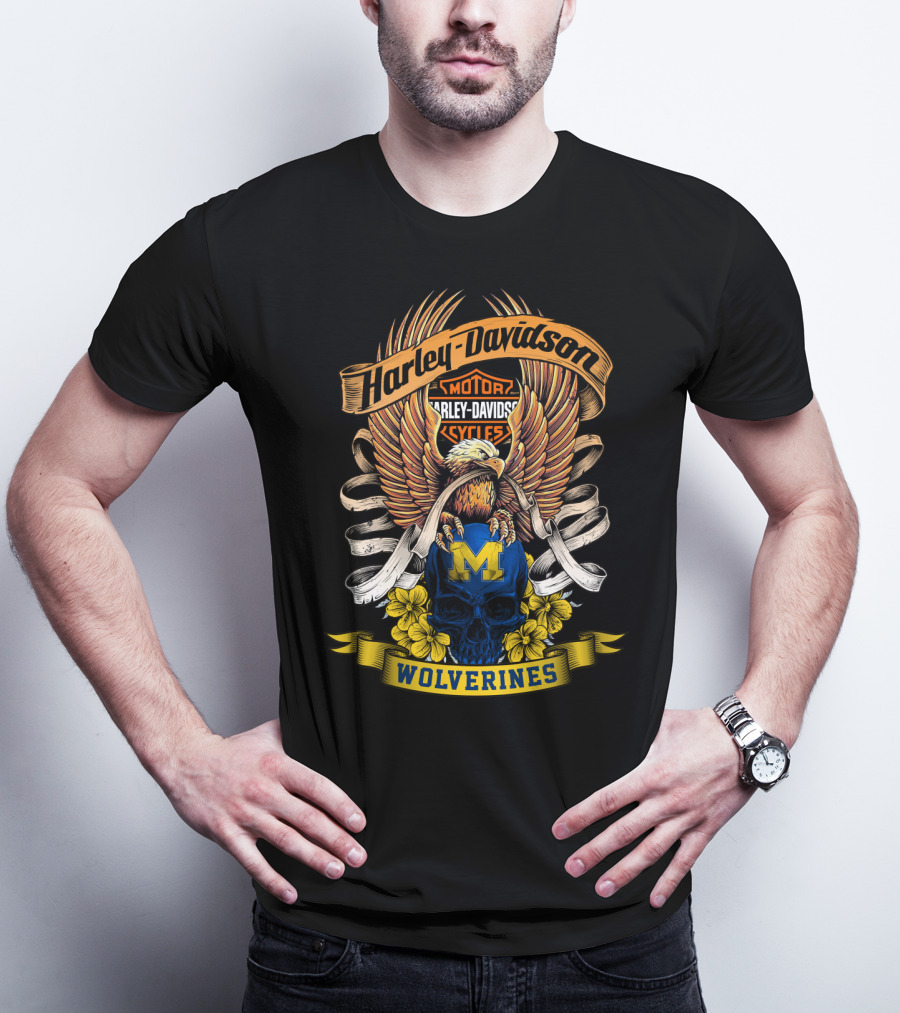 Harley Davidson Motor Cycles Wolverines 49Hd Eagle And Skull T-Shirt