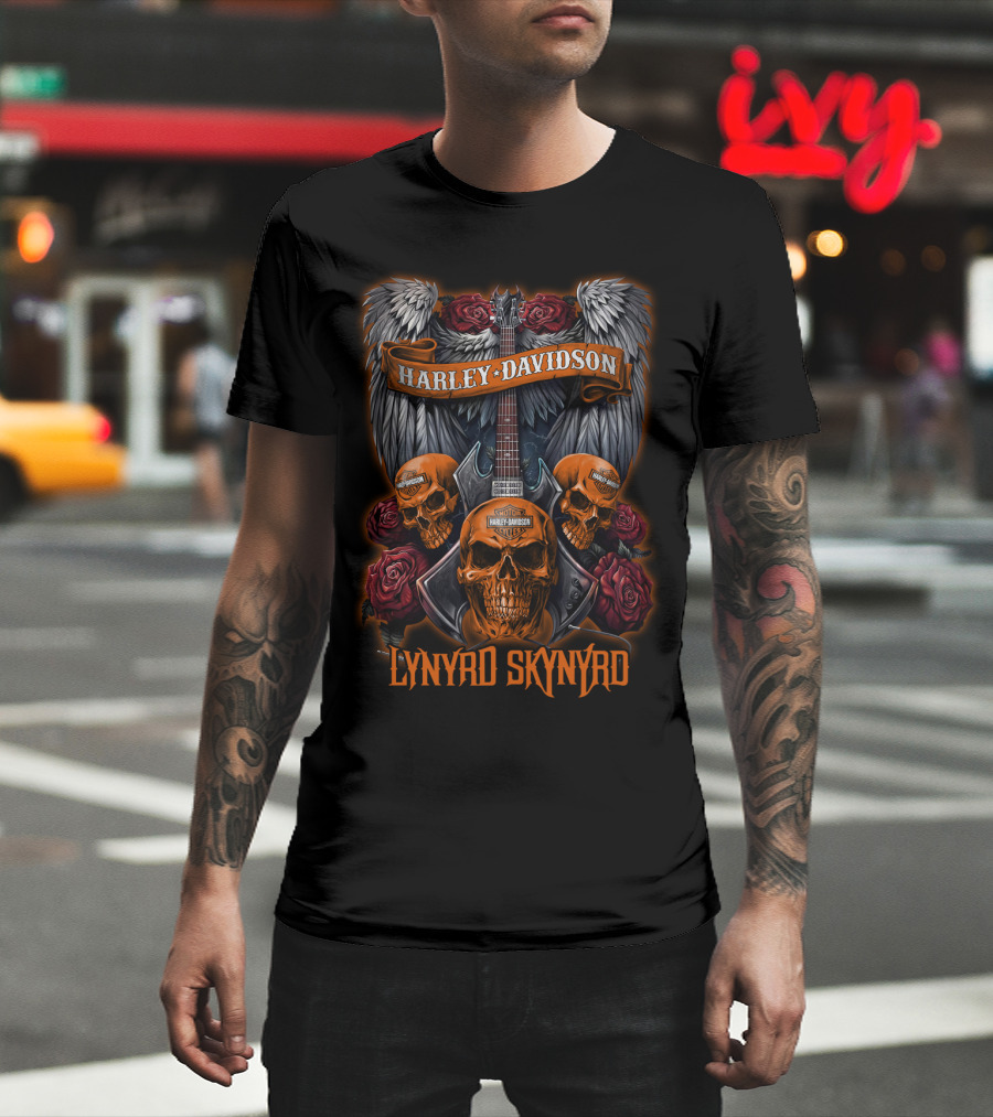 Lynyrd Skynyrd Harley Davidson Skull Guitar Wings Roses T-Shirt