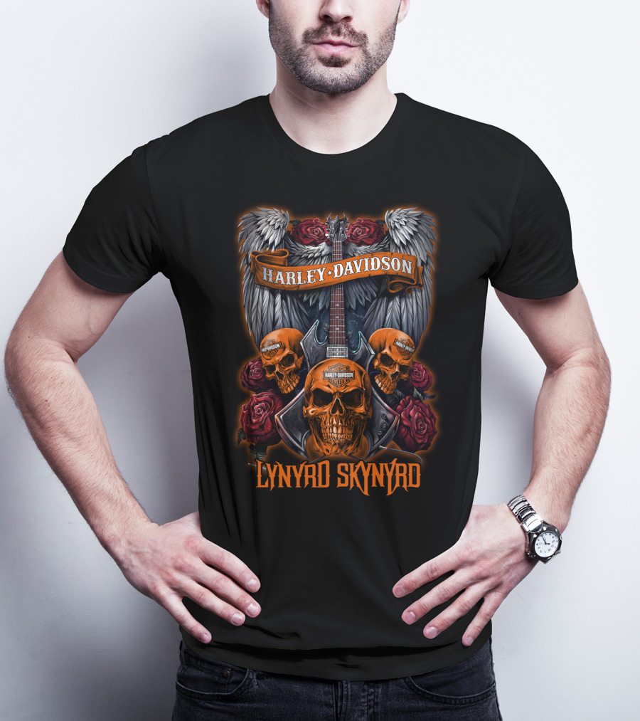 Lynyrd Skynyrd Harley Davidson Skull Guitar Wings Roses T-Shirt