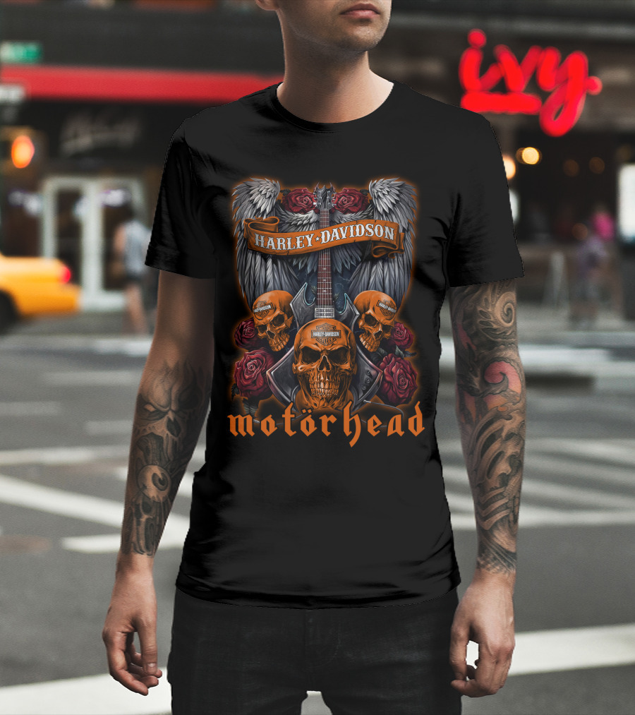 Motorhead Harley Davidson Skull Wings Guitar Roses T-Shirt