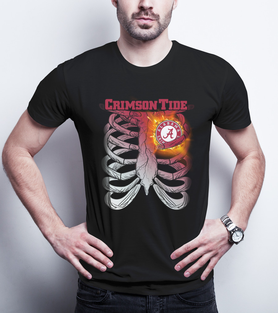 Alabama Crimson Tide A Logo Flaming Heart Inside Ribcage T-Shirt