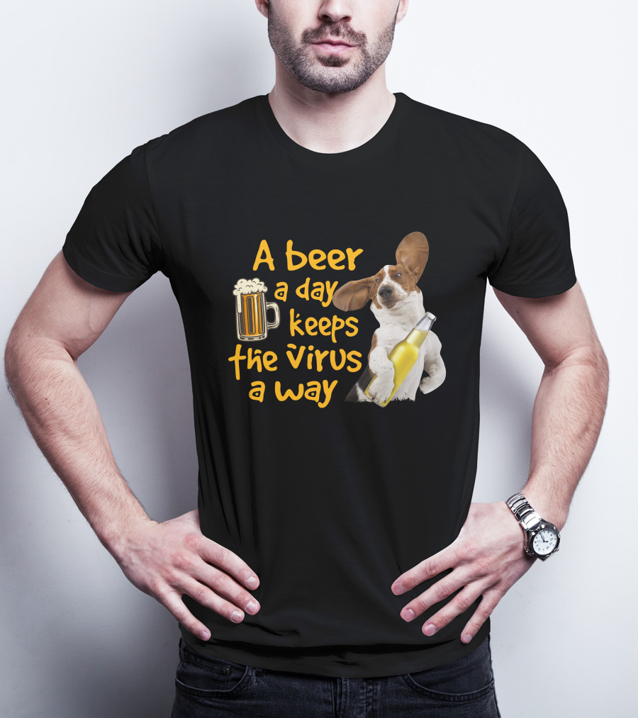 A Beer A Day Keeps The Virus Away Basset Hound Holding Beer T-Shirt
