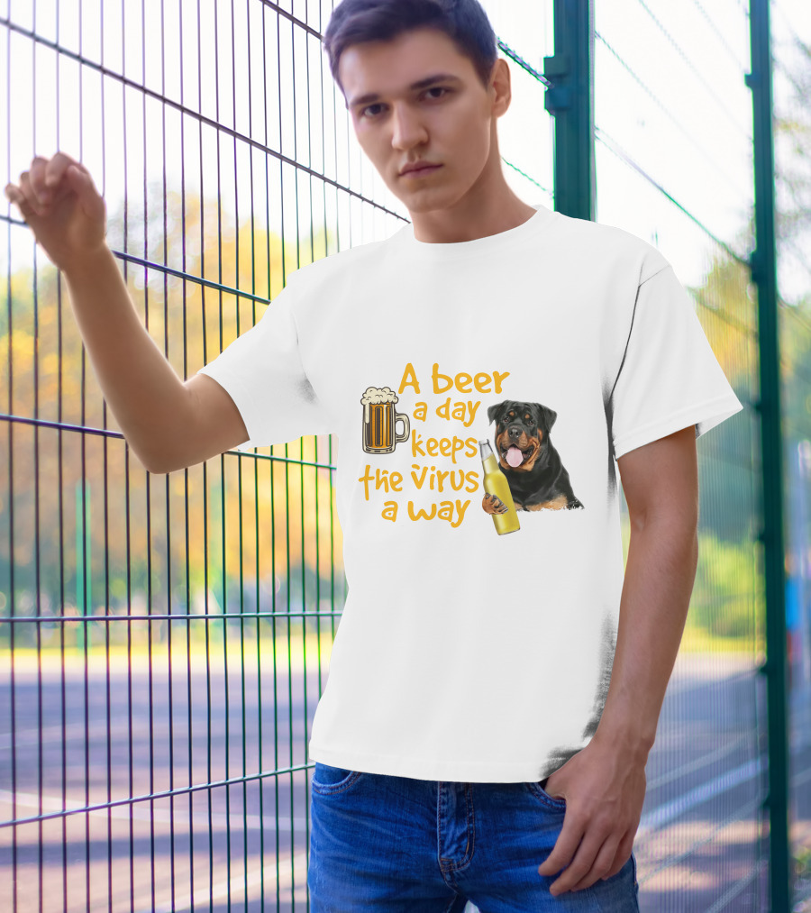 A Beer A Day Keeps The Virus Away With Rottweiler Holding Beer Bottle T-Shirt