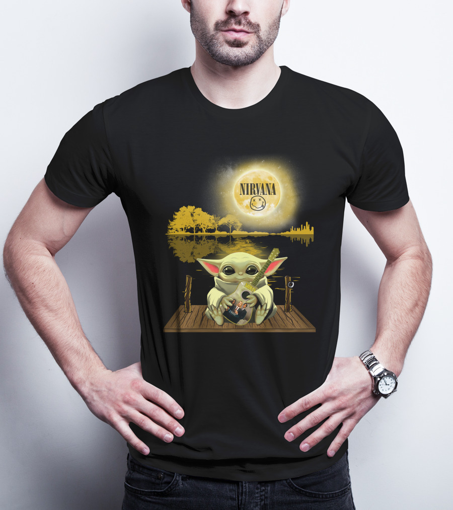 Nirvana Baby Yoda Playing Guitar Under Smiley Face Moon T-Shirt
