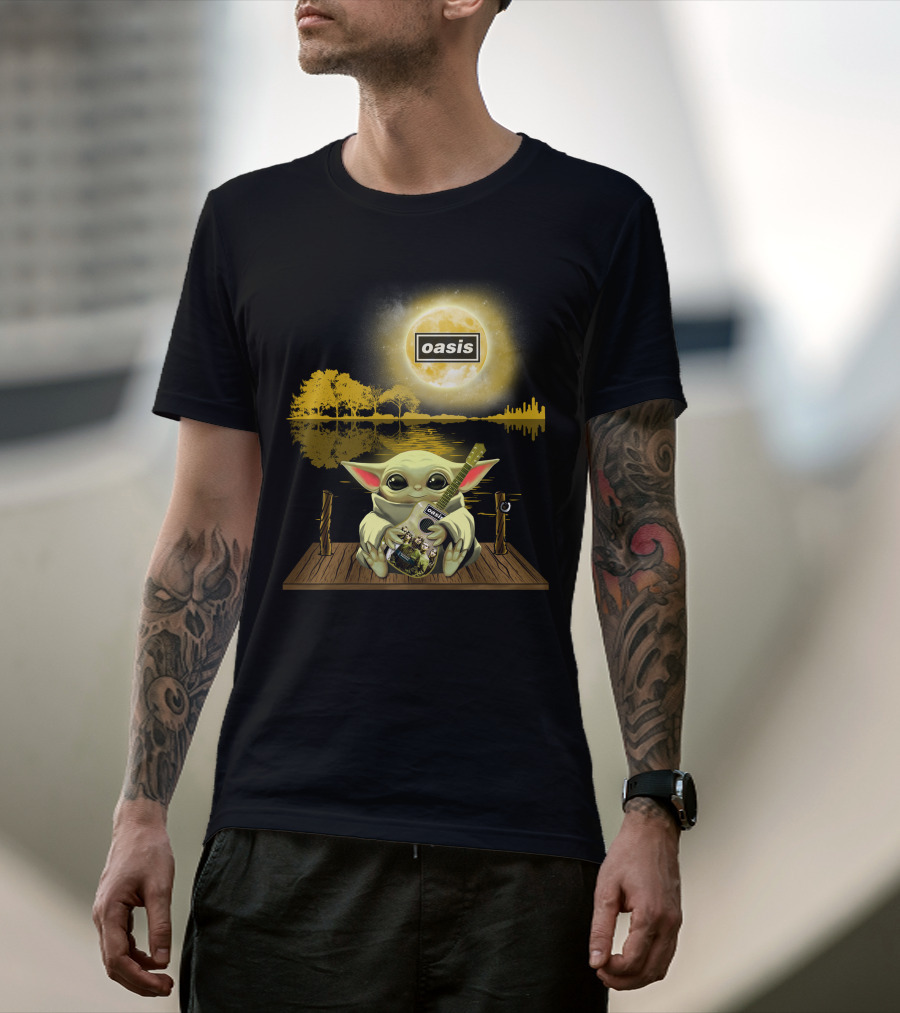 Oasis Moon And Baby Yoda With Guitar On Dock T-Shirt