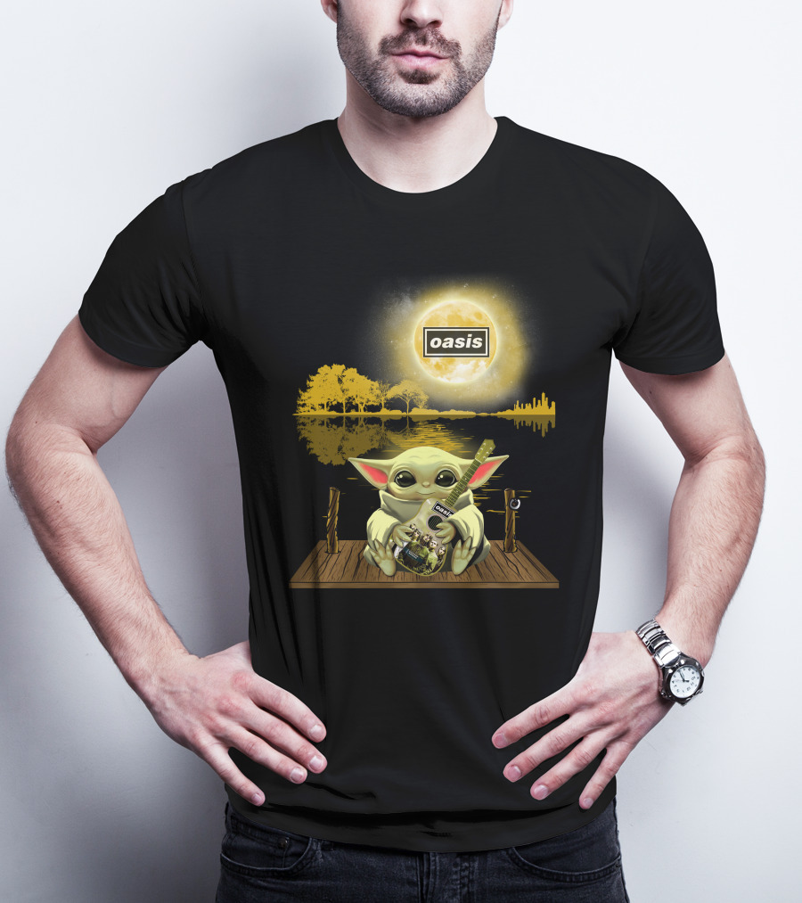 Oasis Moon And Baby Yoda With Guitar On Dock T-Shirt