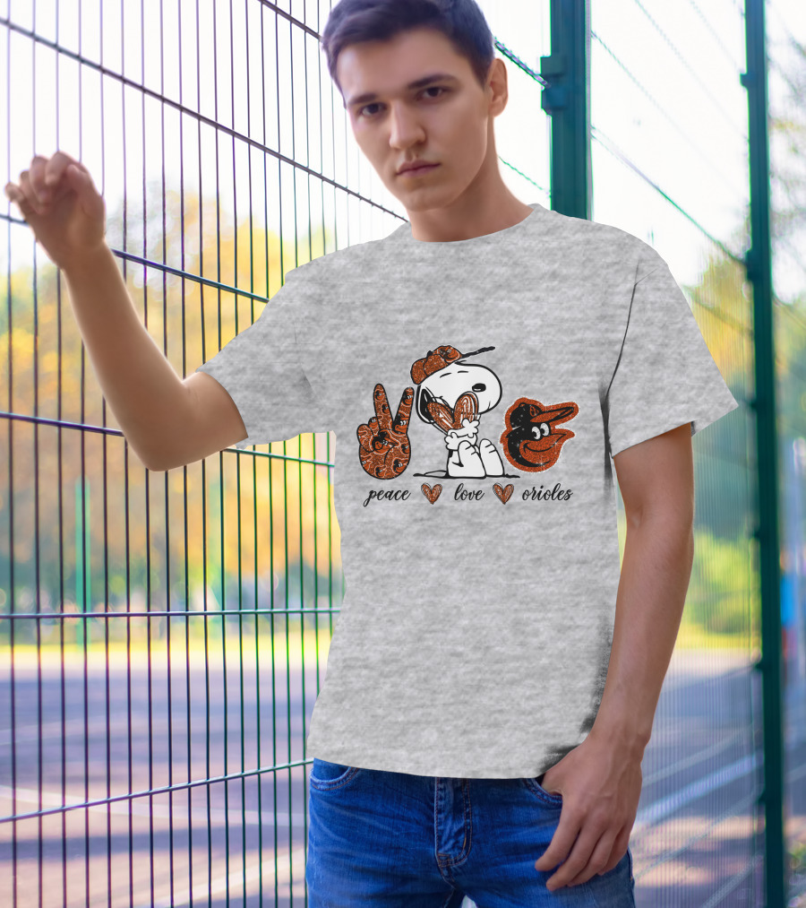 Peace Love Orioles Snoopy Style Baltimore Orioles T-Shirt