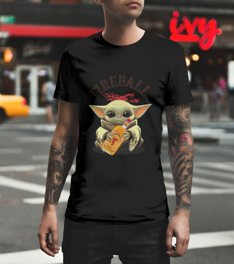 Fireball Yoda Baby Holding Fireball Whisky Bottle T-Shirt