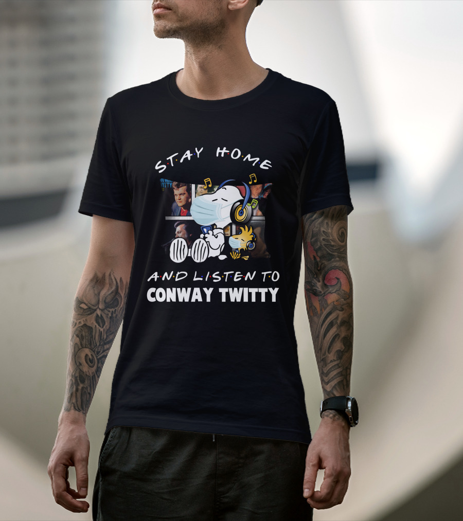 Stay Home And Listen To Conway Twitty Snoopy Wearing Headphones And Mask T-Shirt