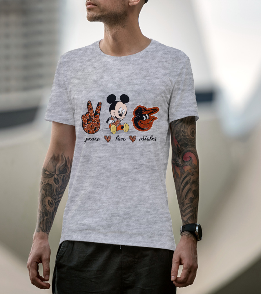 Mickey Mouse Peace Love Orioles Baseball Team T-Shirt