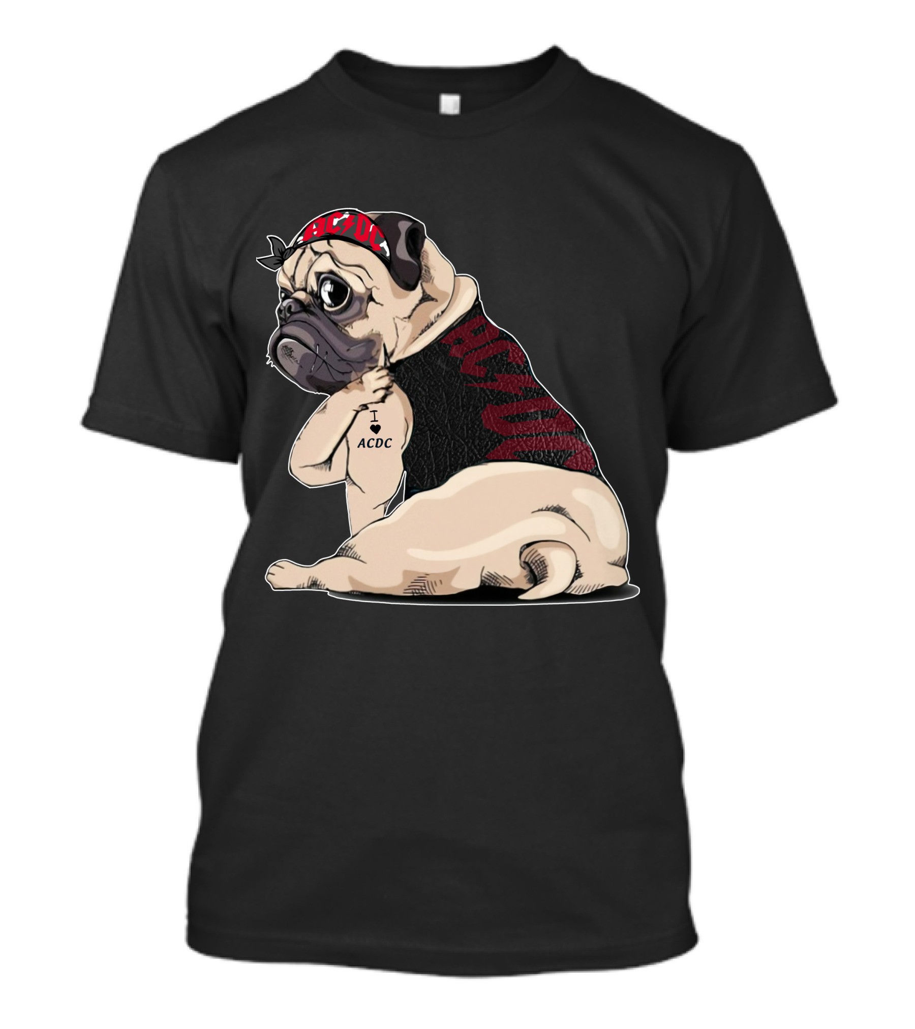 Ac/Dc Pug With I Love Ac/Dc Tattoo And Bandana T-Shirt