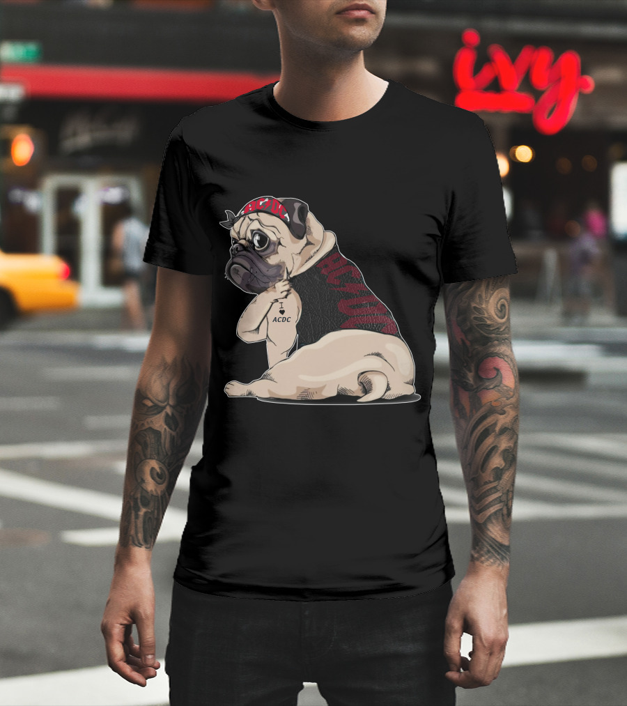 Ac/Dc Pug With I Love Ac/Dc Tattoo And Bandana T-Shirt