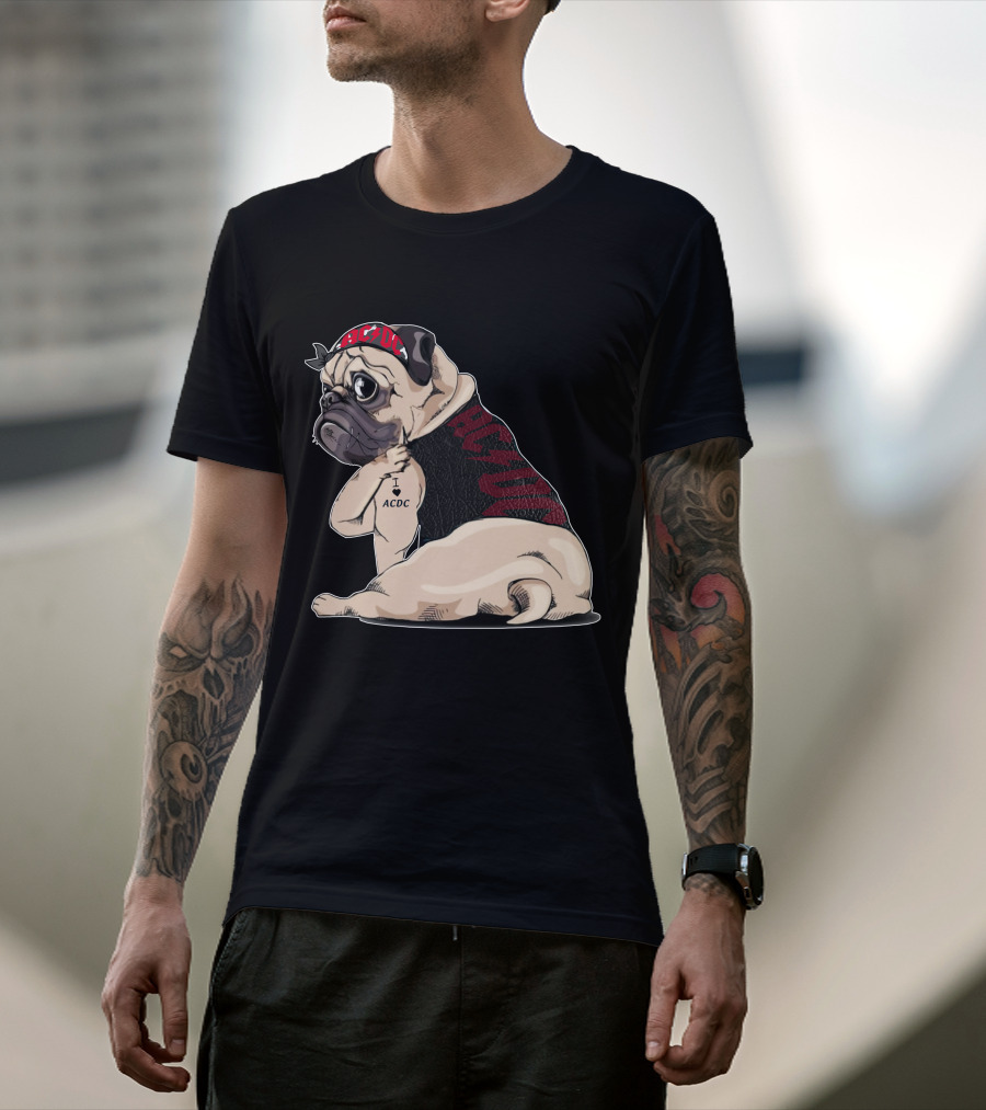 Ac/Dc Pug With I Love Ac/Dc Tattoo And Bandana T-Shirt